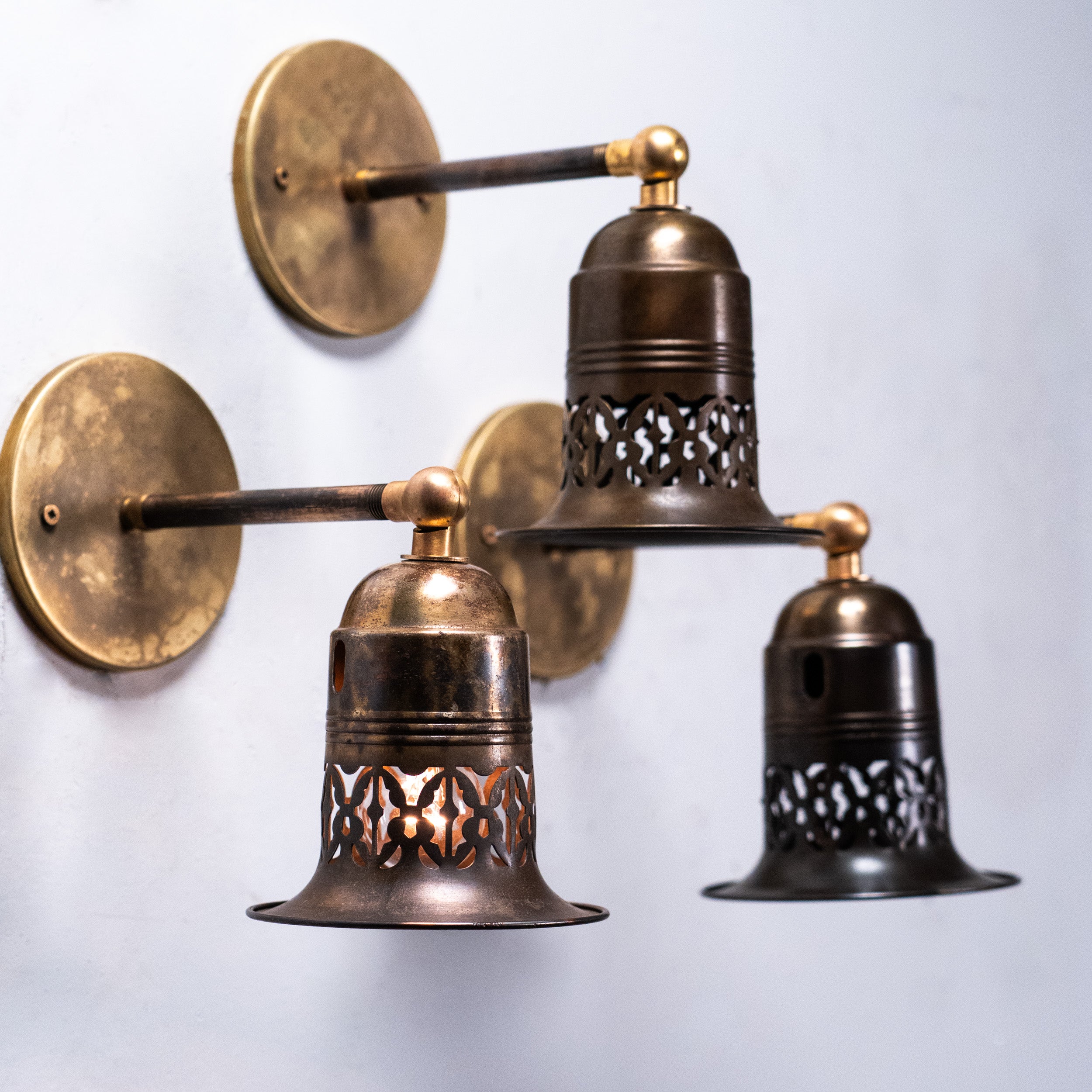 Early American Industrial Wall Sconces with Pierced brass Shades, c. 1